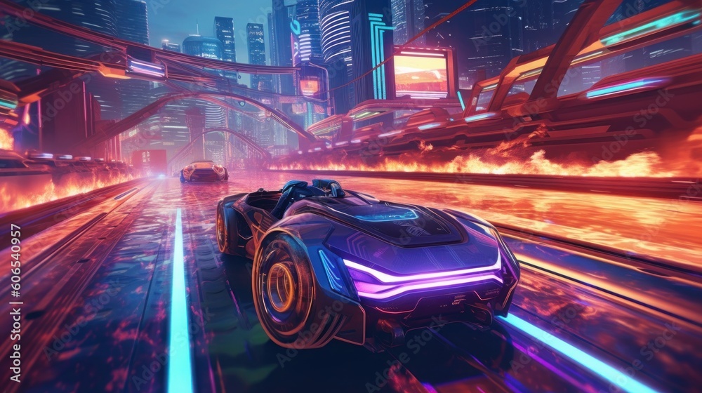 Illustrate a high - octane futuristic racing scene, featuring sleek ...