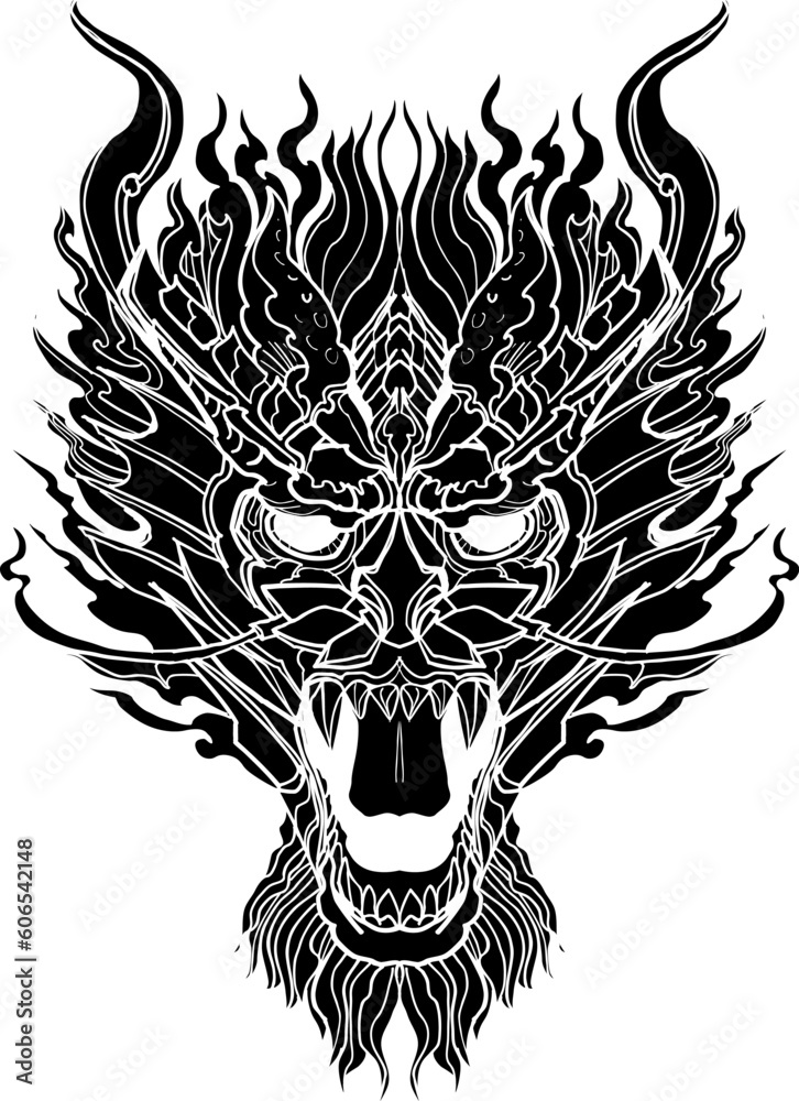 Hand drawn Face Dragon and Thai line art. Icon isolate on white and ...
