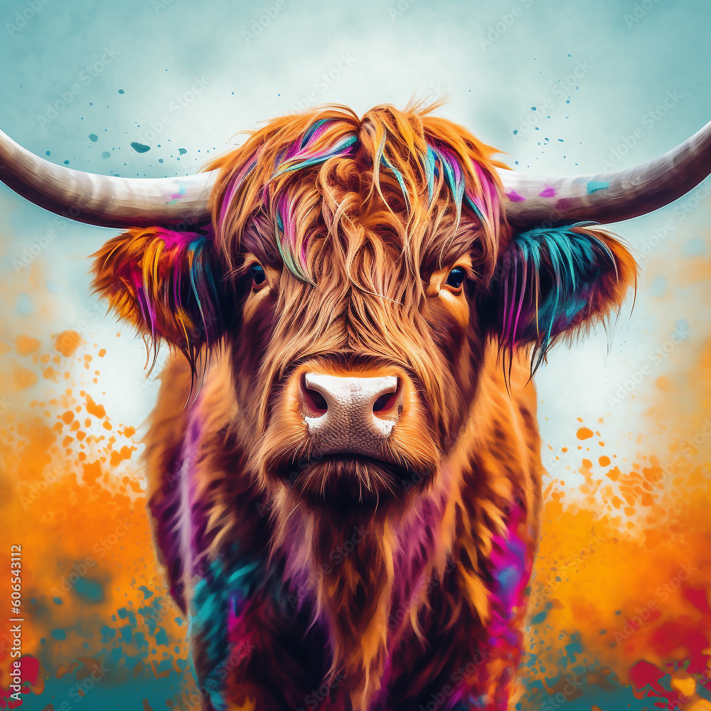 Highland cattle pop art style, bright colours, comic book, Created ...