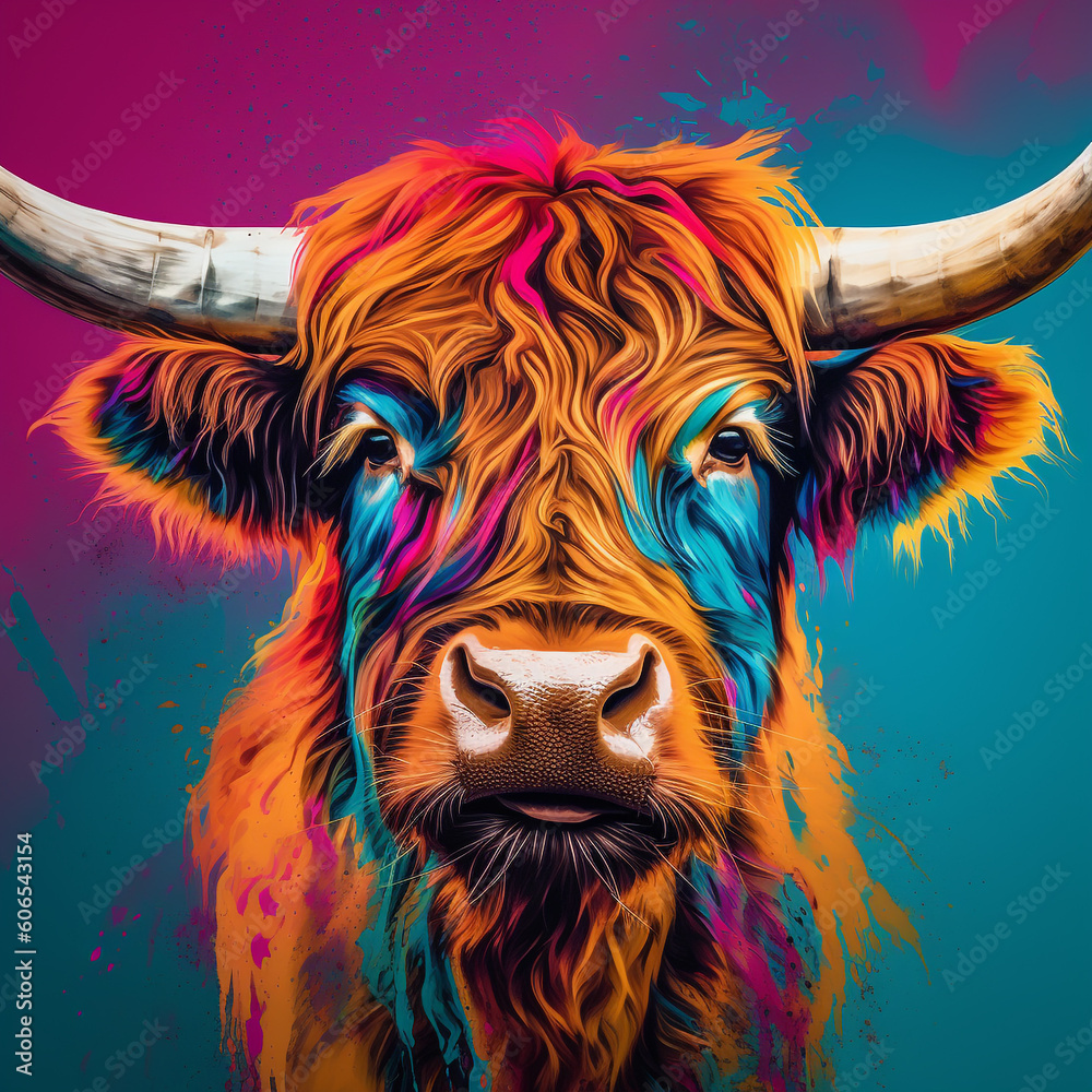 Highland cattle pop art style, bright colours, comic book, Created ...