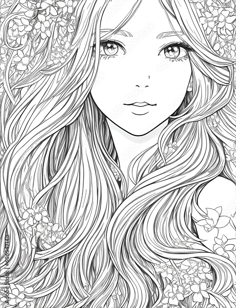 Portrait of a girl with long hair for adult coloring, adult coloring ...