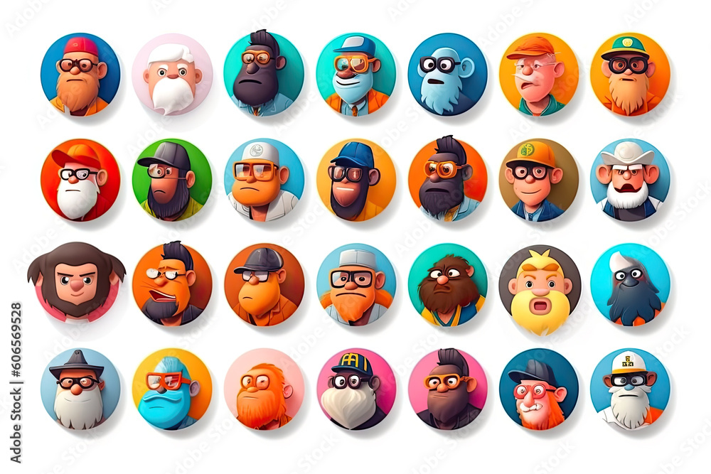 Set of badges of ape persons, avatars, monkey heads of different age ...