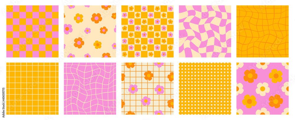 Retro checkered seamless pattern set. Colorful vintage aesthetic ...