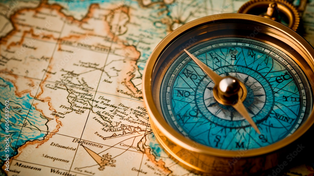 Old Antique Compass on a Paper Map Blue Gold background wallpaper ...