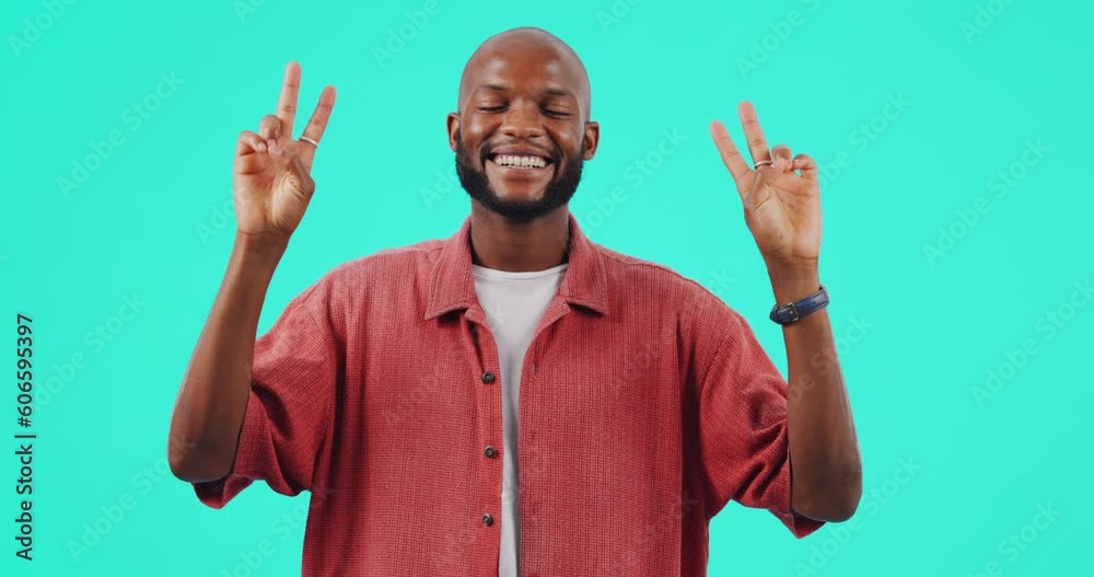 Portrait of black man, smile and peace sign on studio backdrop with ...