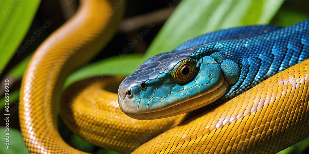 Tropical snake in jungle on a sunny day. Rainforest illustration with ...