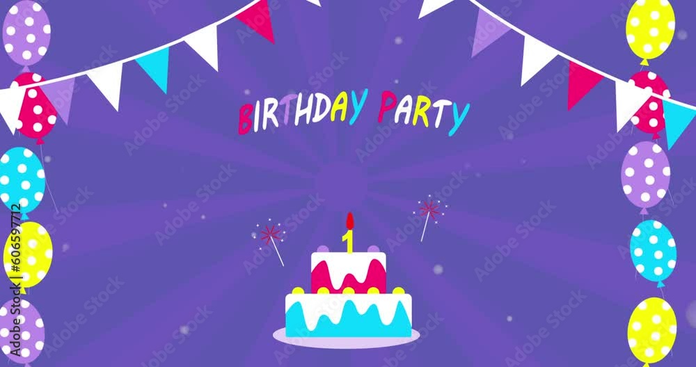 Bright Birthday party banner animation with garland with flags, cake ...
