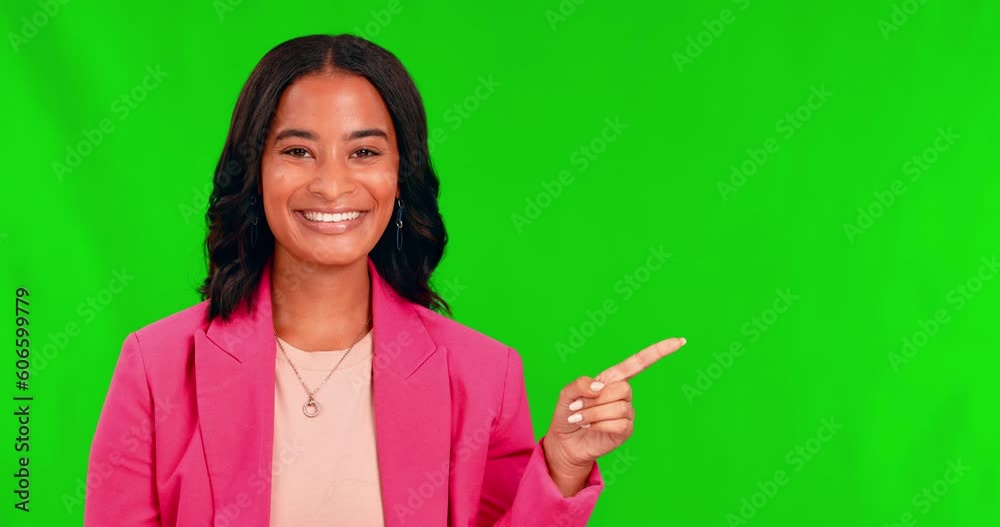 Business woman face, green screen and pointing to information text and ...
