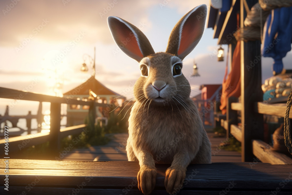 rabbit on the beach pier created using generative AI tools Stock ...