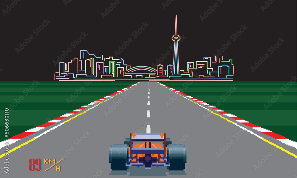 Pixelated retro arcade racing car formula. pixel night city background ...