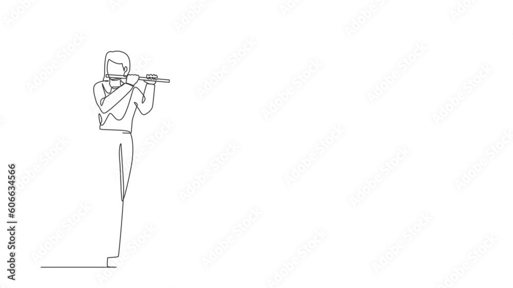 Animated self drawing of continuous line draw musician playing flute ...