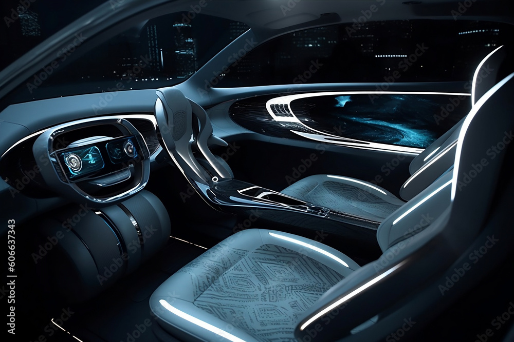 Black driverless car interior with futuristic dashboard for autonomous ...