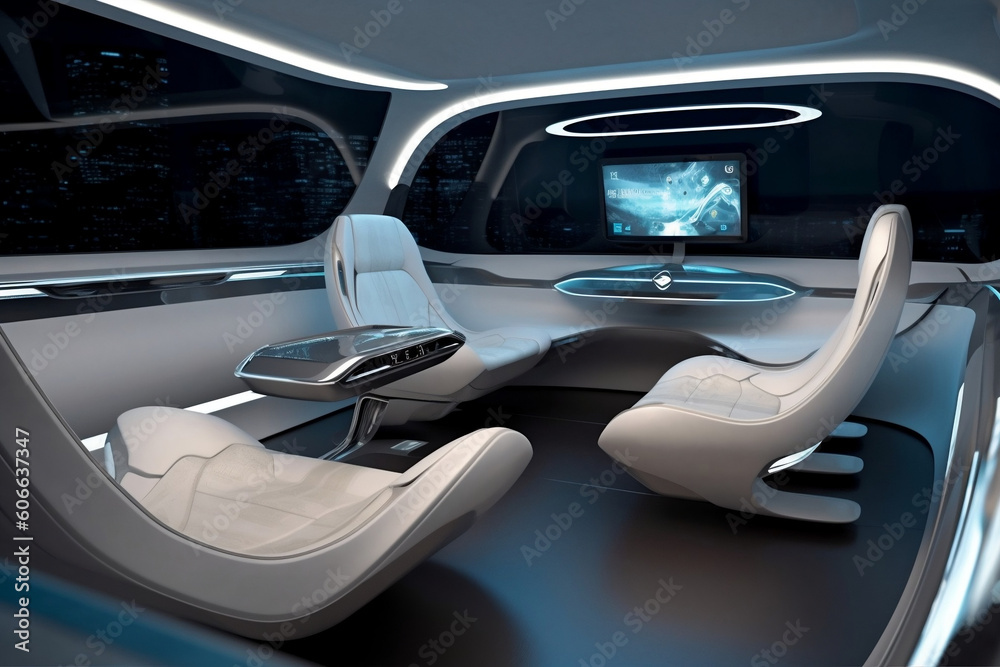 Driverless car interior with futuristic dashboard for autonomous ...