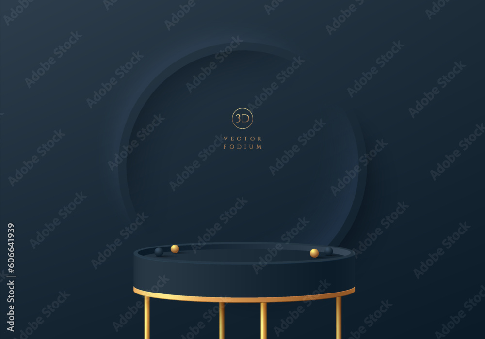 Realistic 3D dark blue cylinder pedestal podium background on golden ...
