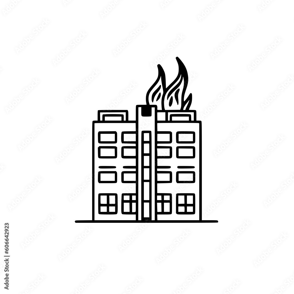 Minimal icon illustration of a building on fire on transparent ...