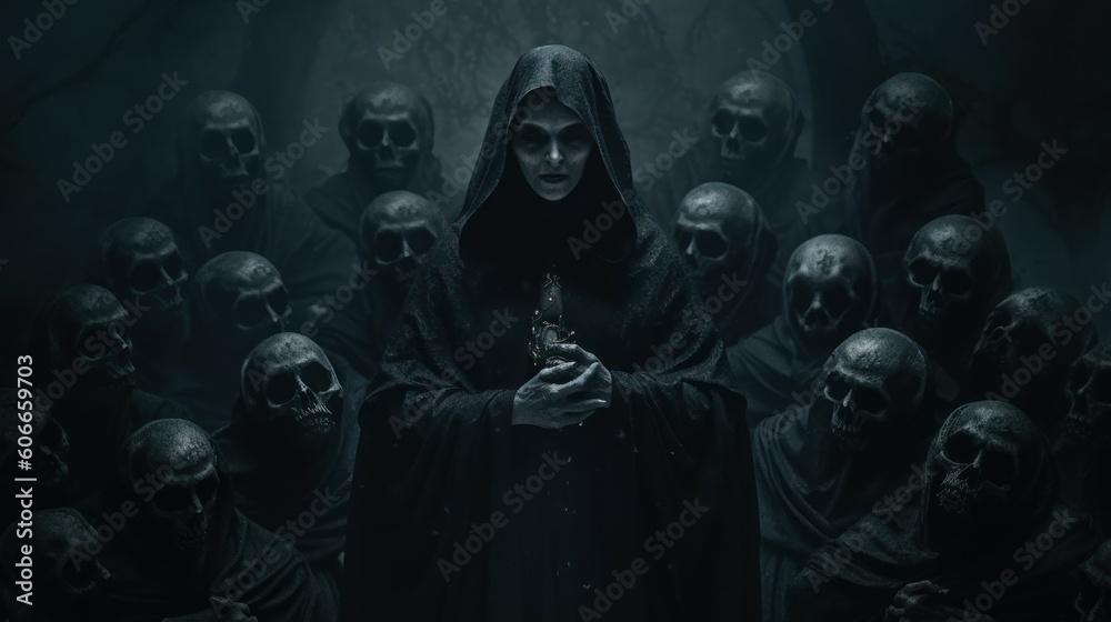 Dark satanic possessed nun surrounded by skulls in a nightmare Stock Illustration | Adobe Stock