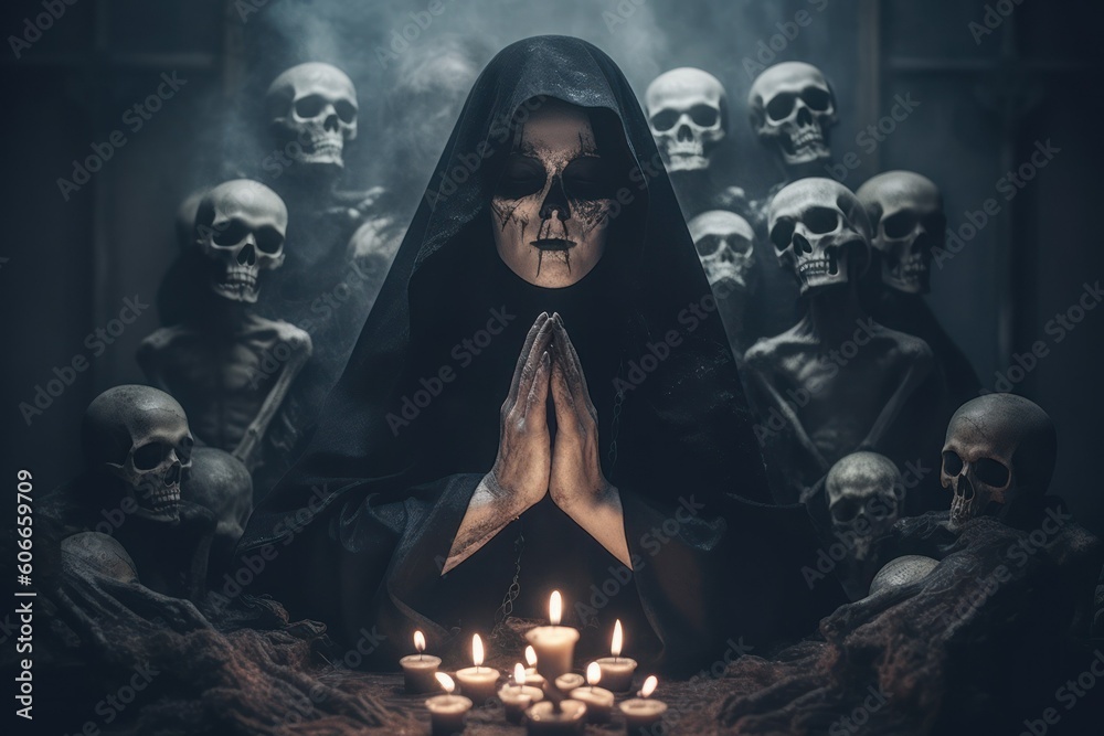Dark satanic possessed nun surrounded by skulls in a nightmare Stock ...