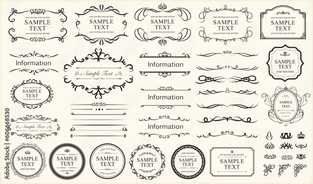 Vintage frames and scroll elements. Set of text delimiters and corner. Vector ornament. Stock ...