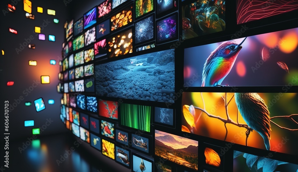 Multimedia video wall with pictures on various TV screens, monitor ...