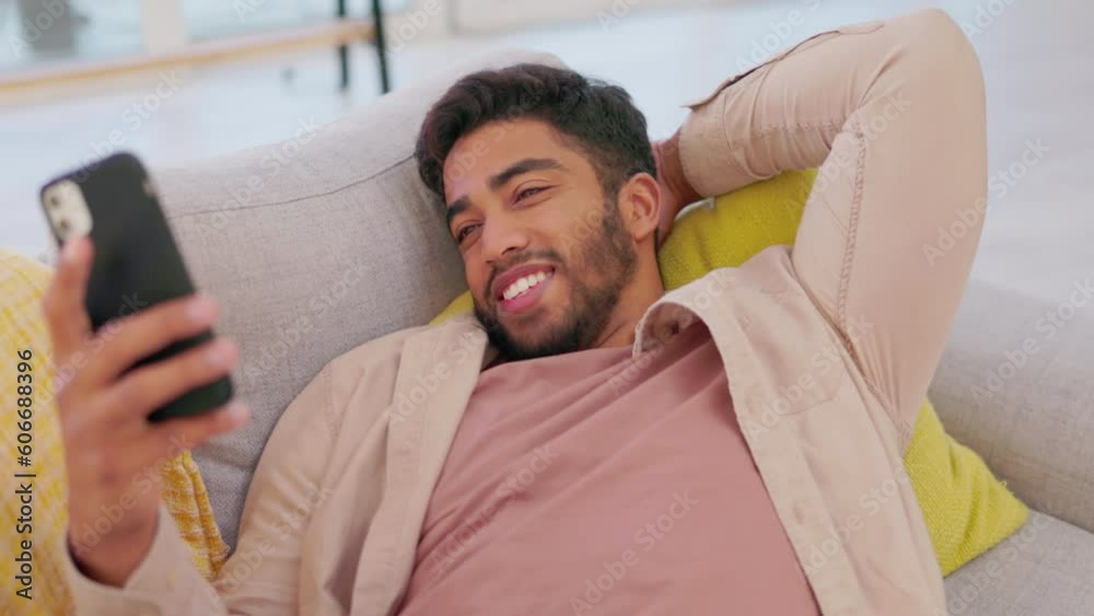 Laughing, man and smartphone on couch in lounge for online meme ...