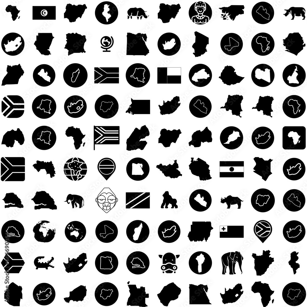 Collection Of 100 Africa Icons Set Isolated Solid Silhouette Icons ...
