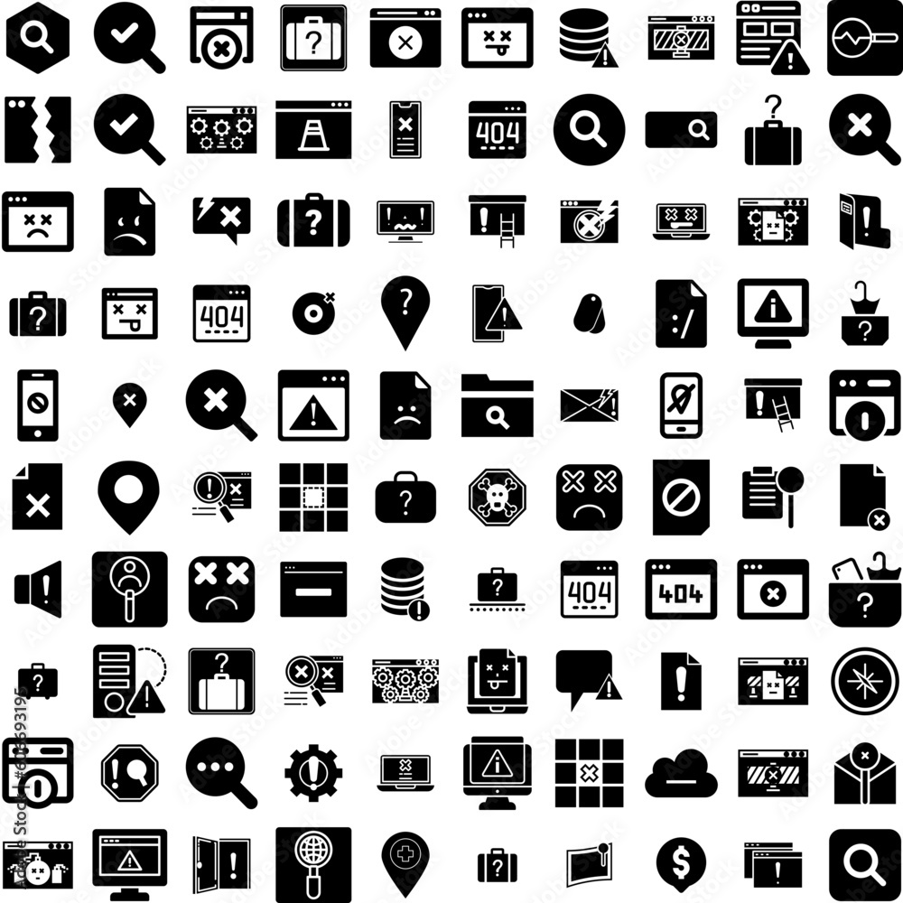 Collection Of 100 Found Icons Set Isolated Solid Silhouette Icons ...