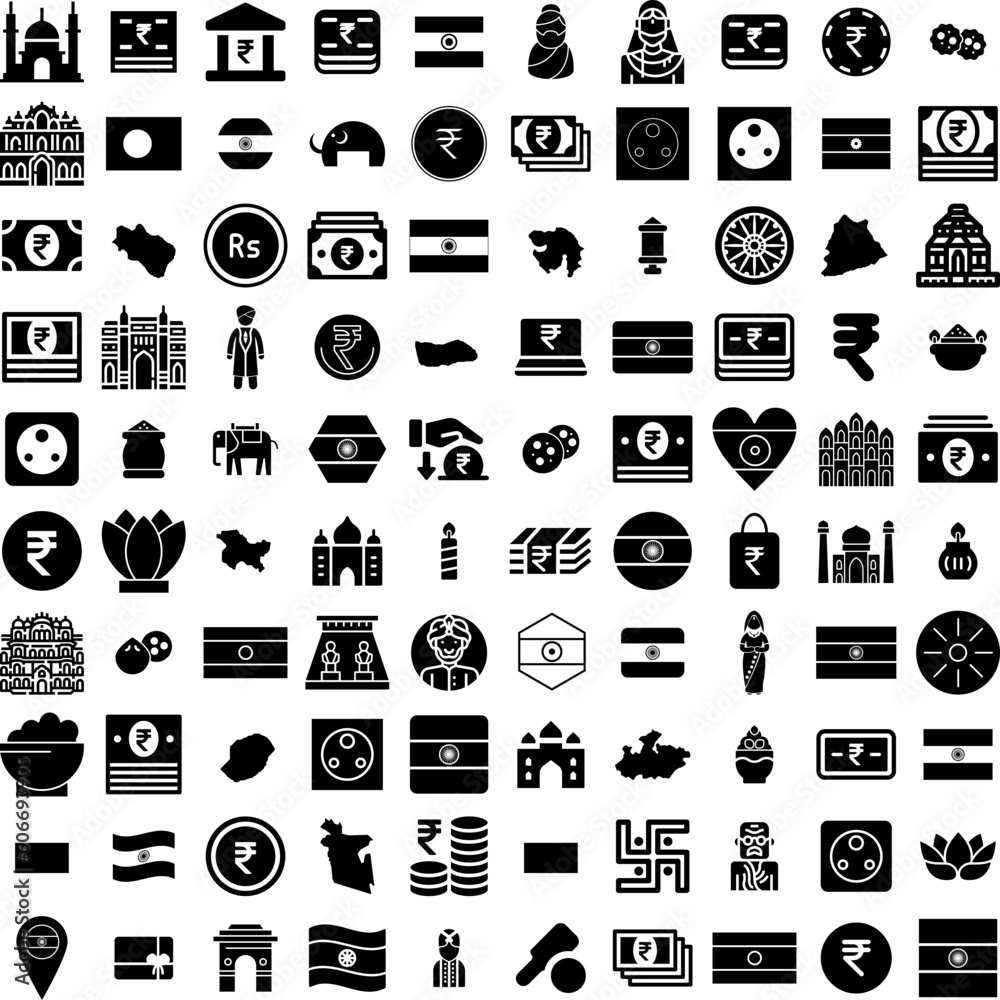 Collection Of 100 India Icons Set Isolated Solid Silhouette Icons ...