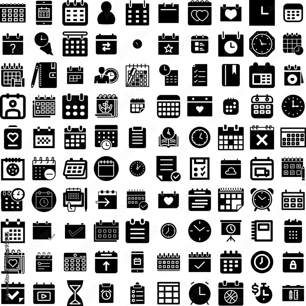 Collection Of 100 Schedule Icons Set Isolated Solid Silhouette Icons ...