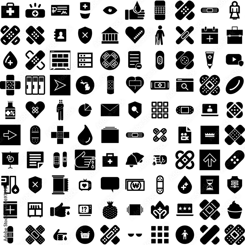 Collection Of 100 Wound Icons Set Isolated Solid Silhouette Icons ...