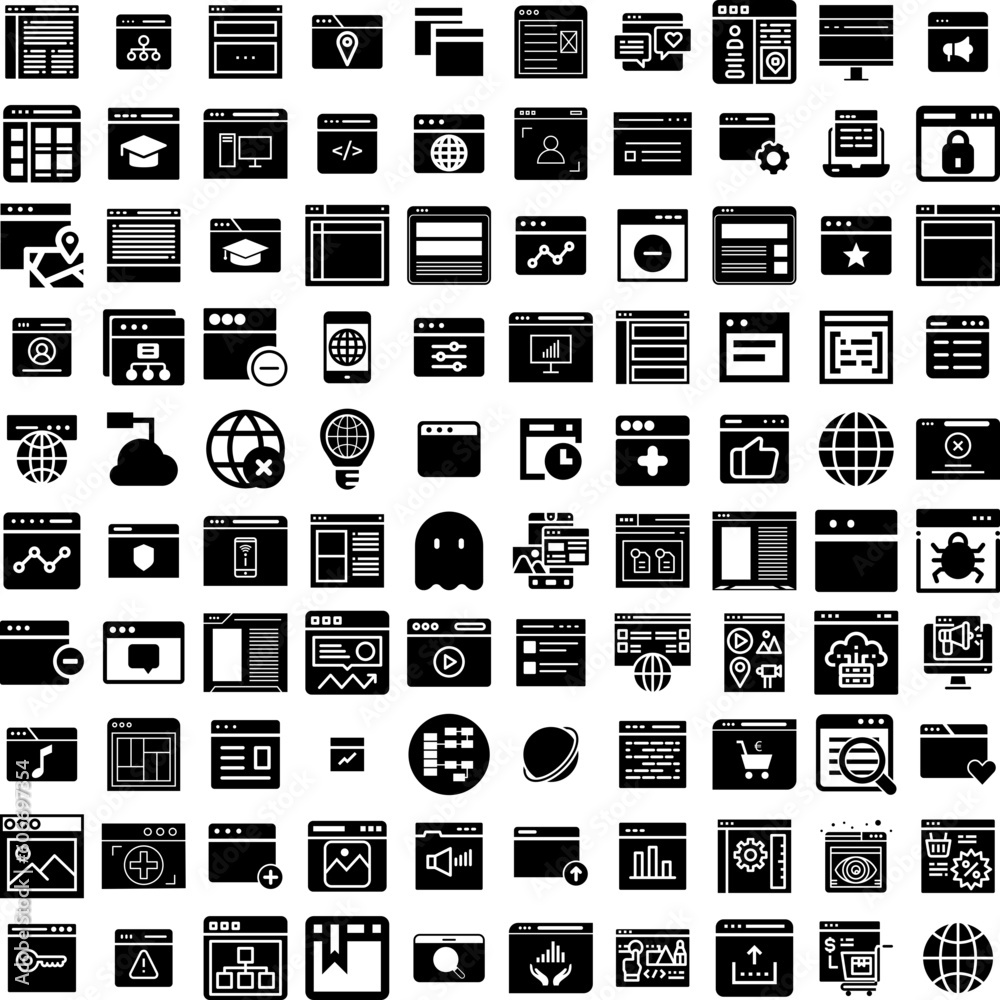 Collection Of 100 Browser Icons Set Isolated Solid Silhouette Icons ...