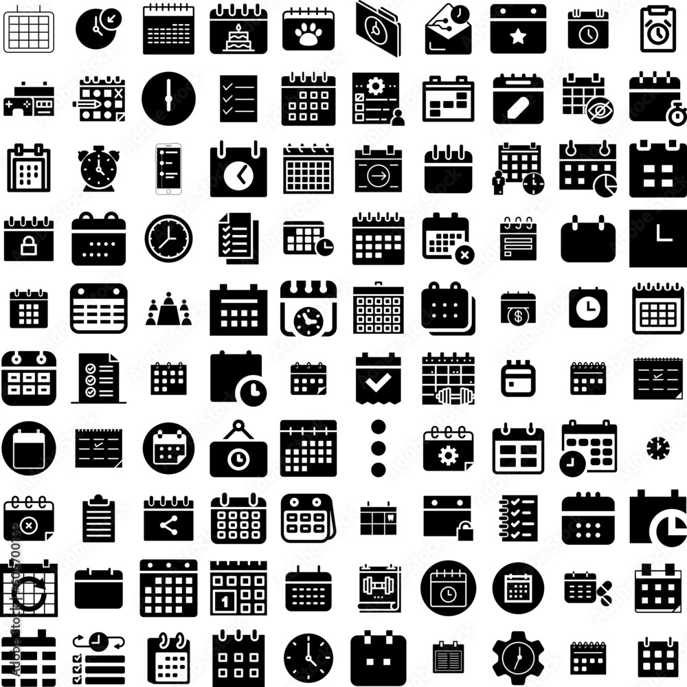 Collection Of 100 Schedule Icons Set Isolated Solid Silhouette Icons ...