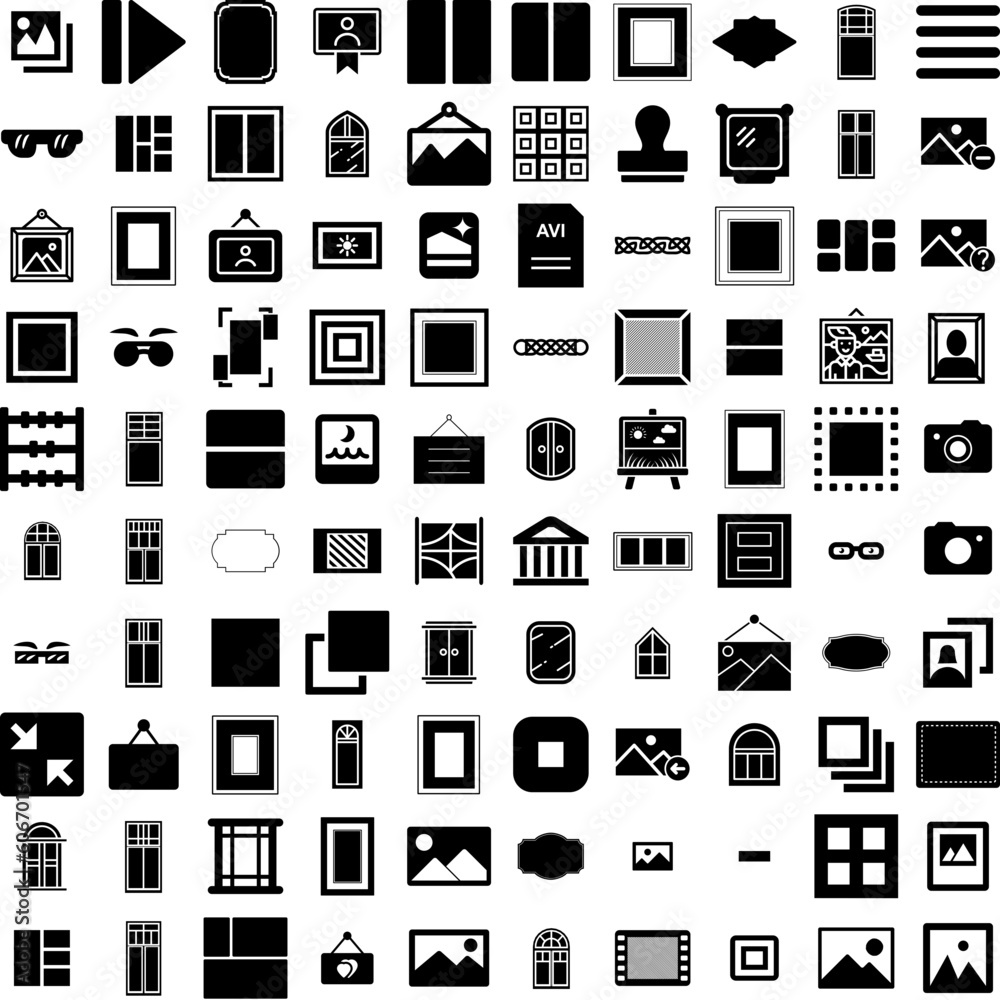 Collection Of 100 Frame Icons Set Isolated Solid Silhouette Icons ...