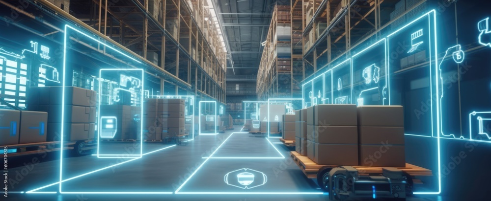 Smart warehouse with transporter robots and holographic dashboard ...