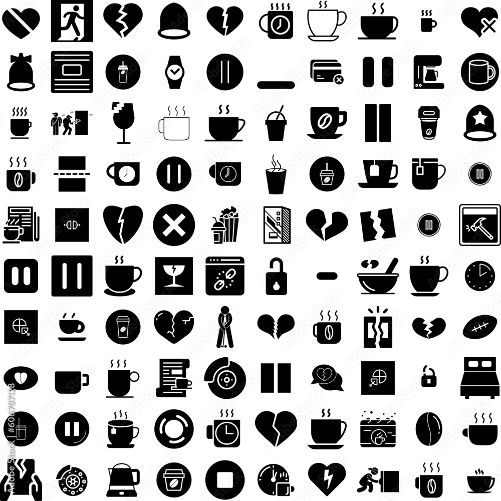 Vetor de Collection Of 100 Break Icons Set Isolated Solid Silhouette ...