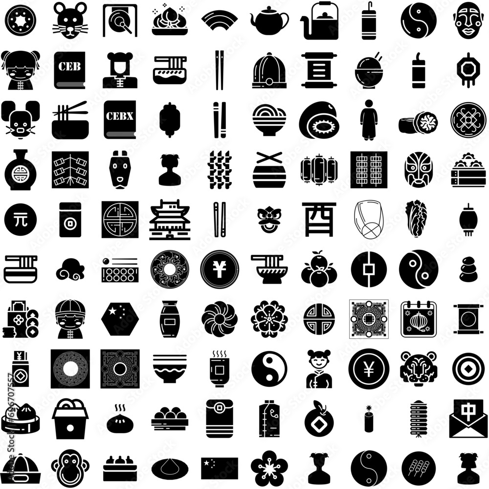 Collection Of 100 Chinese Icons Set Isolated Solid Silhouette Icons ...
