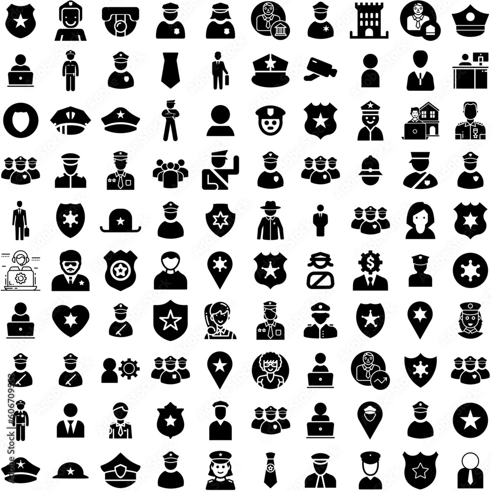 Collection Of 100 Officer Icons Set Isolated Solid Silhouette Icons ...