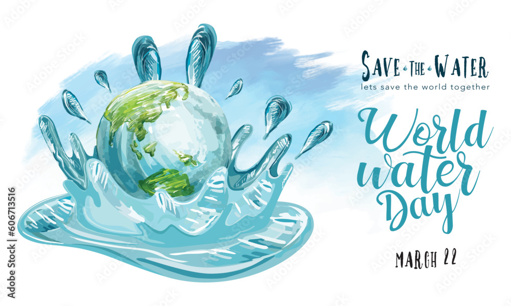 Hand drawn the world water day earth is water tank with wording ...
