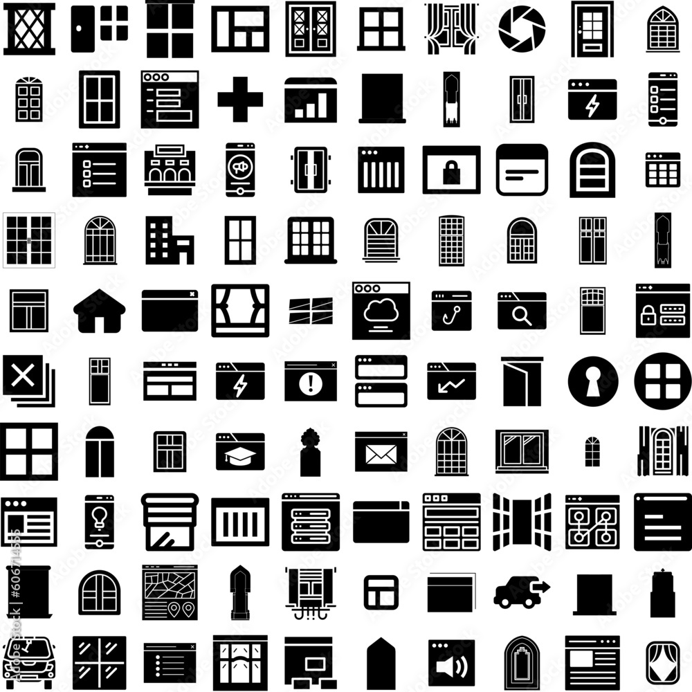 Collection Of 100 Window Icons Set Isolated Solid Silhouette Icons ...