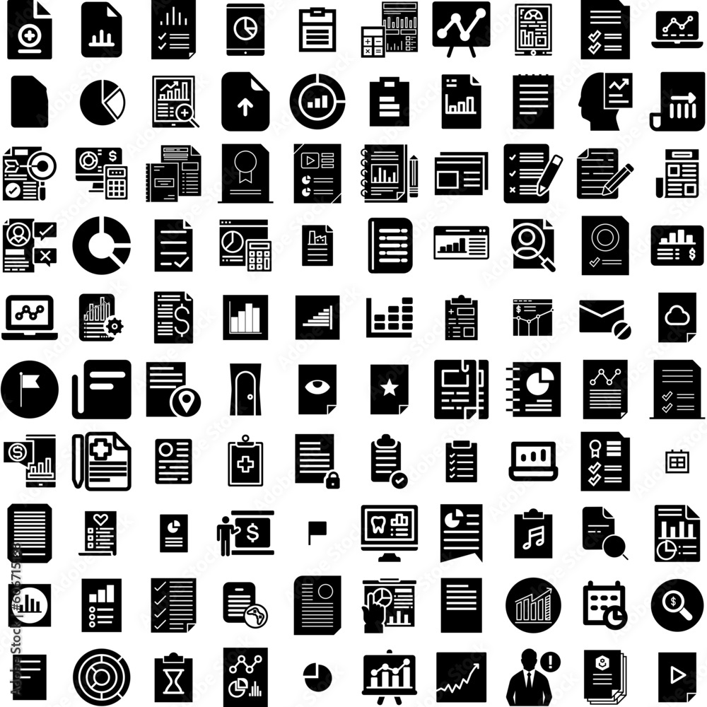 Collection Of 100 Report Icons Set Isolated Solid Silhouette Icons ...