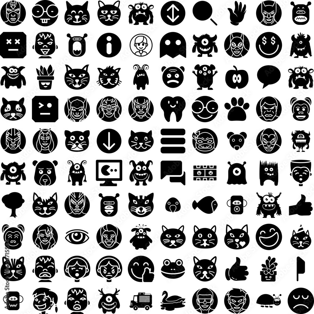 Collection Of 100 Cartoon Icons Set Isolated Solid Silhouette Icons ...