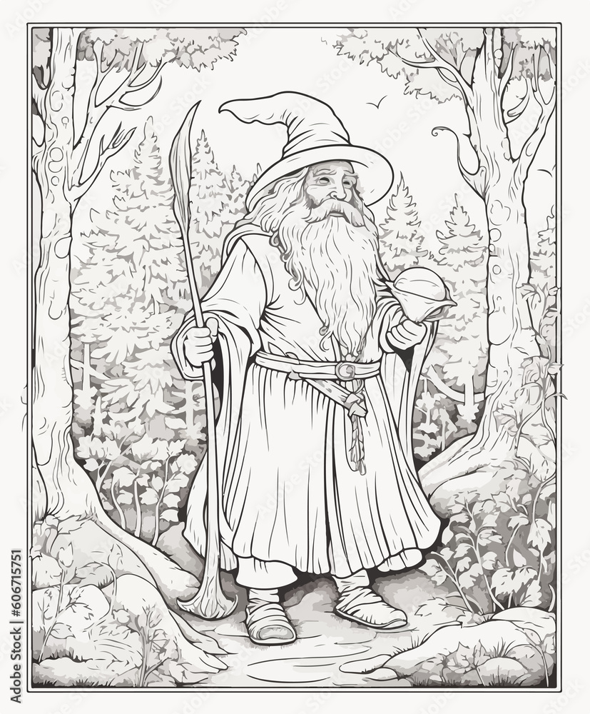 Mage elf in a magical fire illustration coloring book black and white ...