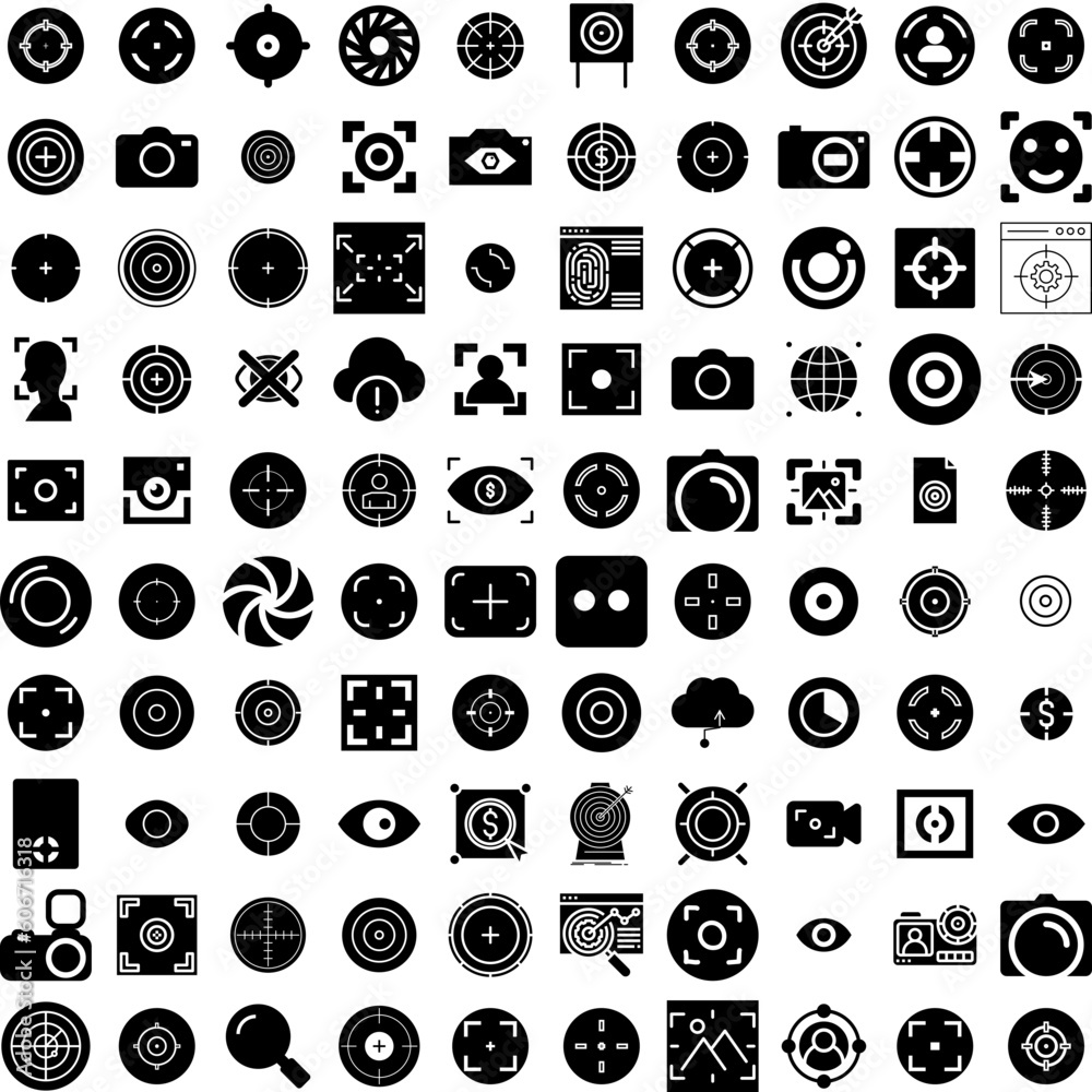 Collection Of 100 Focus Icons Set Isolated Solid Silhouette Icons Including Concept, Focus ...