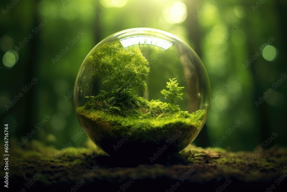 A transparent orb containing a profusion of lush greenery set amidst a backdrop of a dense ...