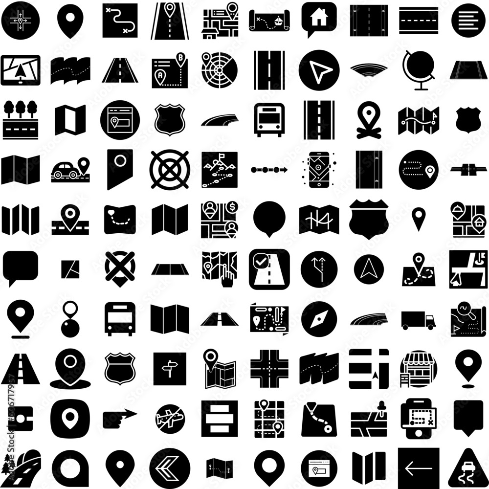 Collection Of 100 Route Icons Set Isolated Solid Silhouette Icons ...