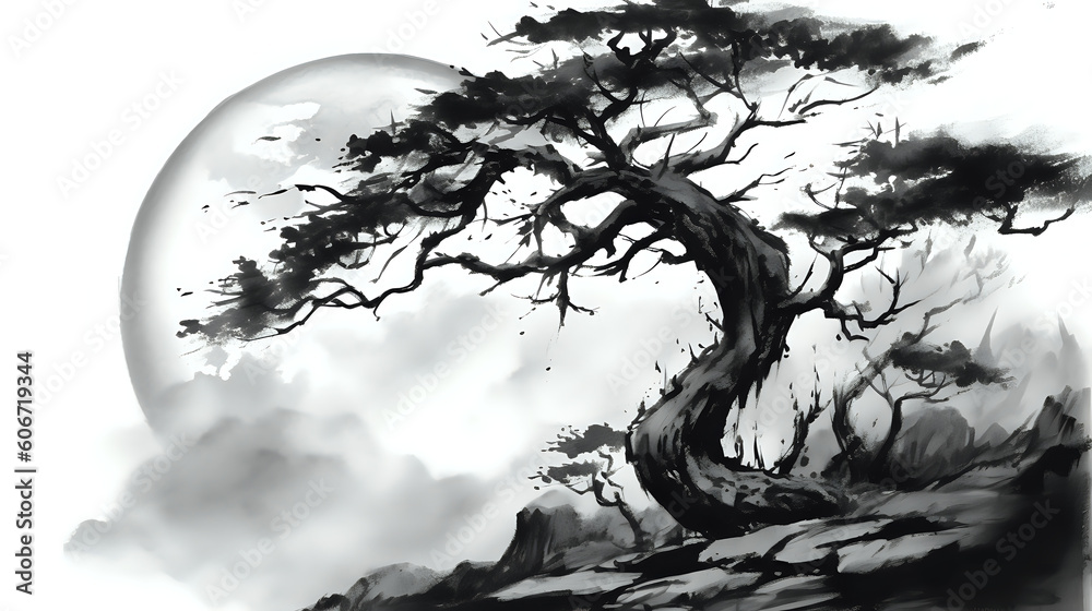 Sumie moon tree Stock Illustration | Adobe Stock