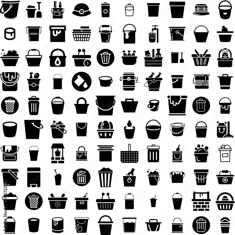 Collection Of 100 Bucket Icons Set Isolated Solid Silhouette Icons ...