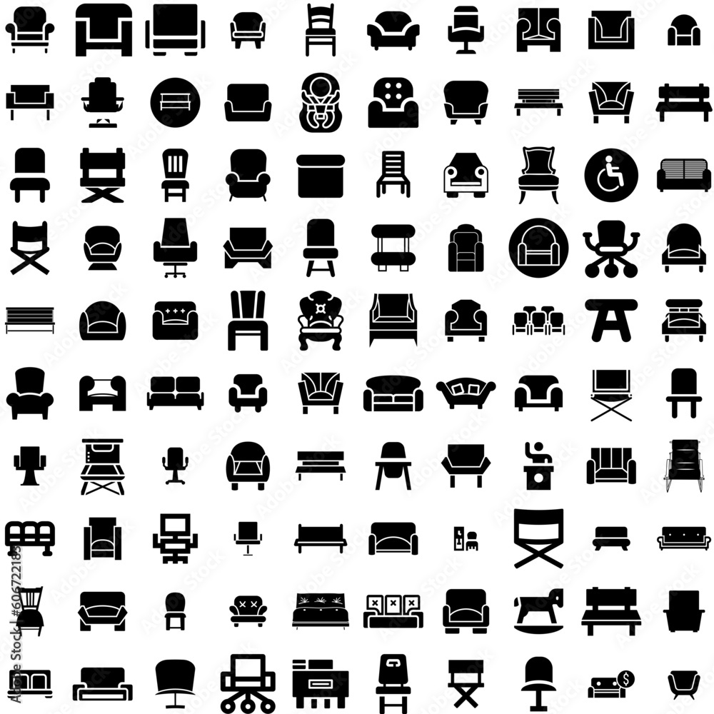 Collection Of 100 Chair Icons Set Isolated Solid Silhouette Icons ...