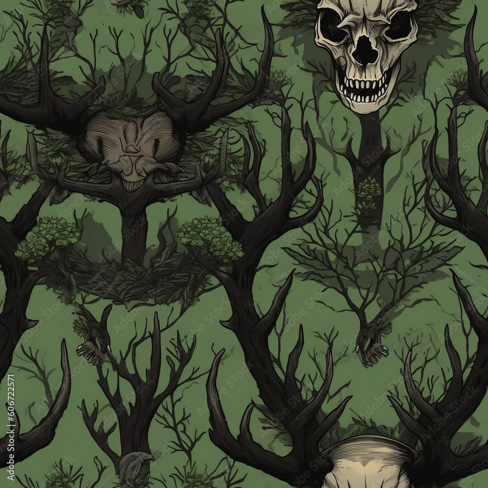 Seamless pattern Vintage Gothic Dark Woods Deer Stag Skull Trees ...