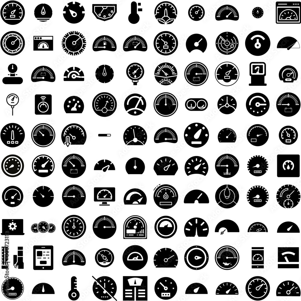 Collection Of 100 Gauge Icons Set Isolated Solid Silhouette Icons ...
