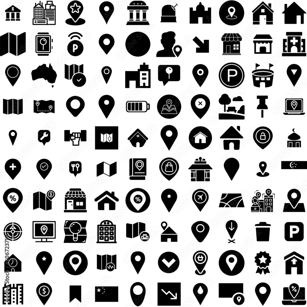 Vetor de Collection Of 100 Place Icons Set Isolated Solid Silhouette ...